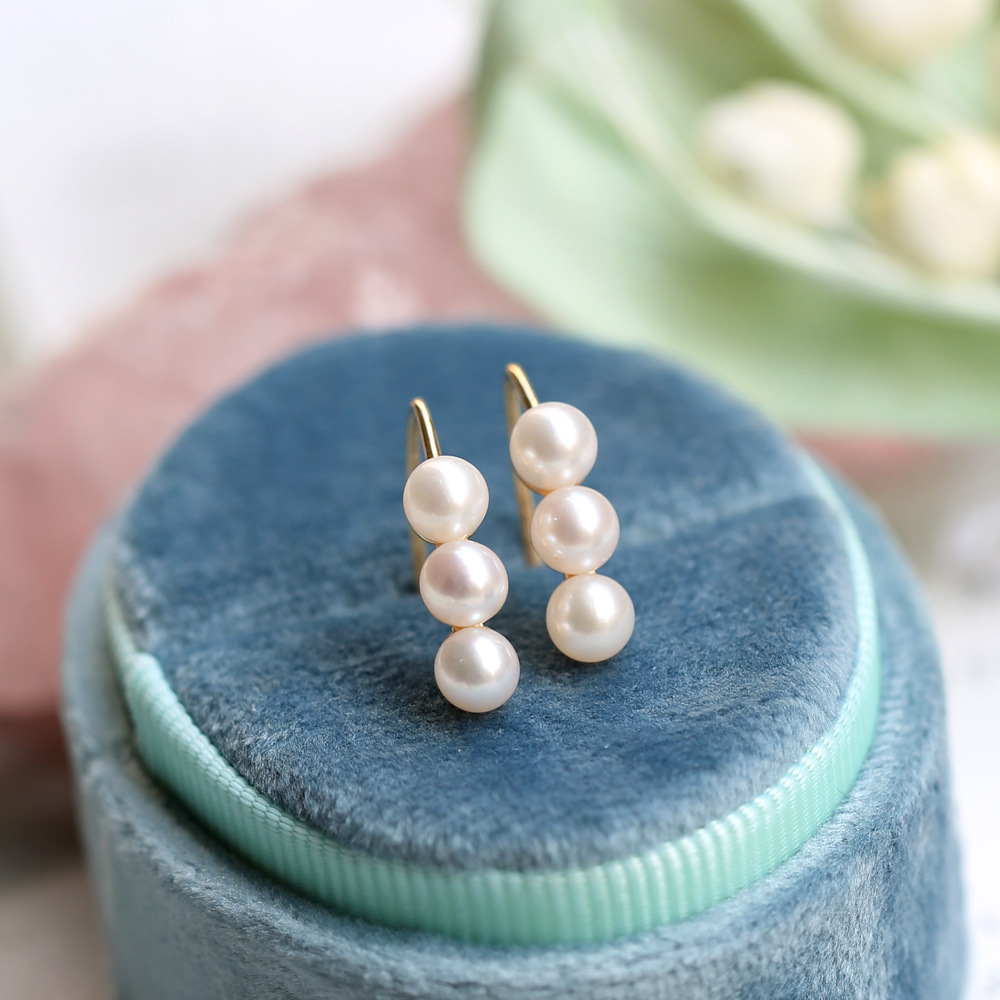 日系首饰 三颗豌豆天然淡水珍珠耳环 简约百搭925银镀14k金耳钉-阿里巴巴