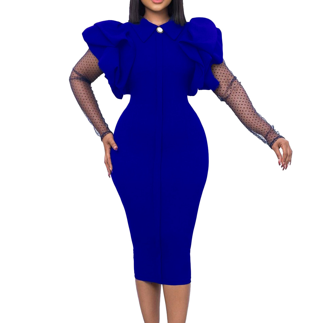 D3165欧美女装2022秋冬新款网纱拼褶皱OL气质通勤大码外贸连衣裙-阿里巴巴