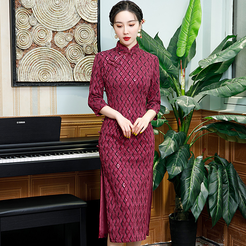 Wine red chinese dresses for women oriental qipao dress Sexy Retro Slit ...