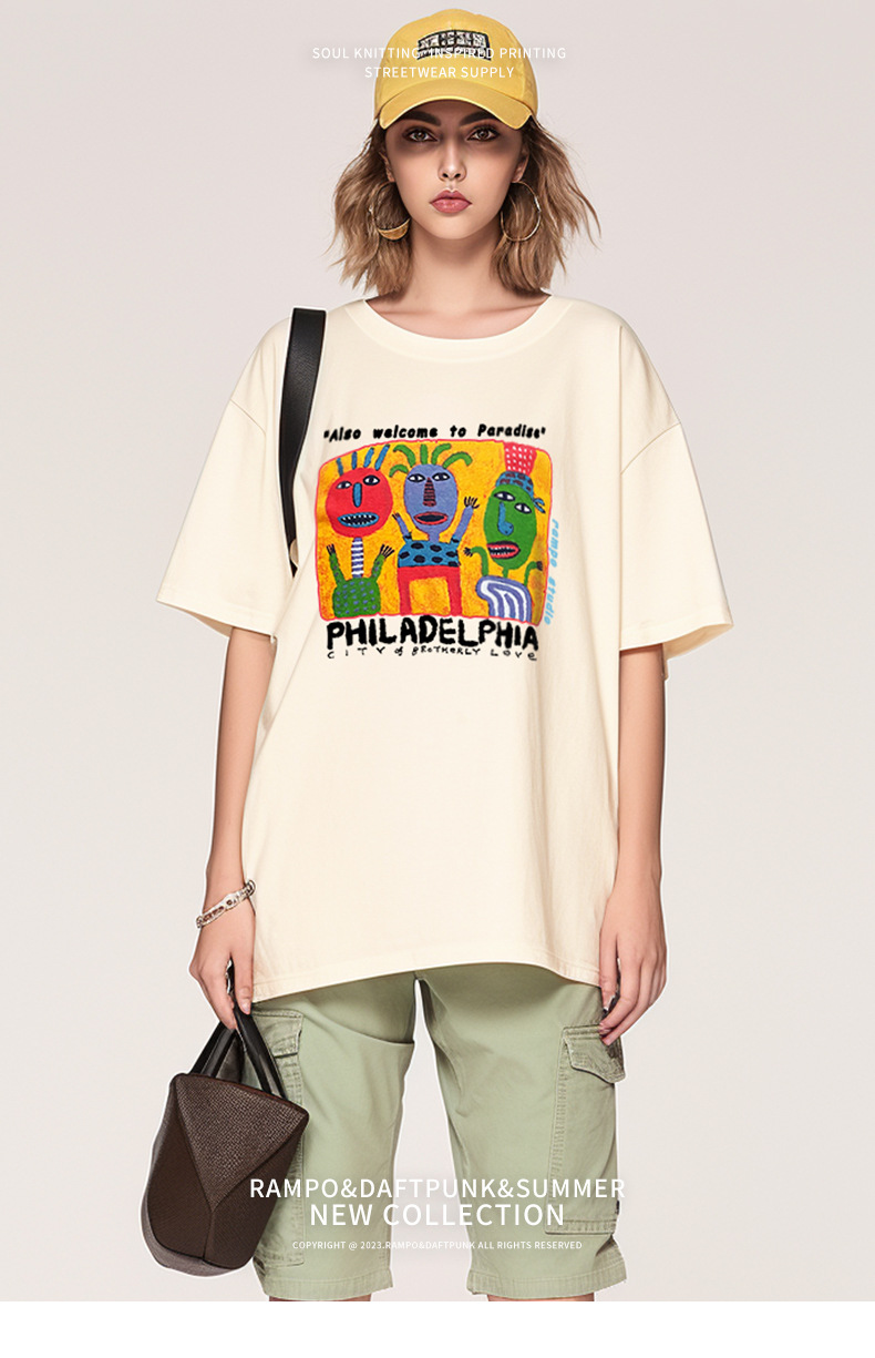 Rampo男装|220g潮流卡通印花T恤2025夏季潮牌宽松街头纯棉短袖男-阿里巴巴