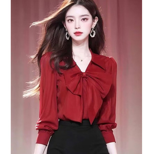 红色长袖衬衫女秋装新款气质通勤衬衣蝴蝶结设计感显胸显瘦上衣-阿里巴巴