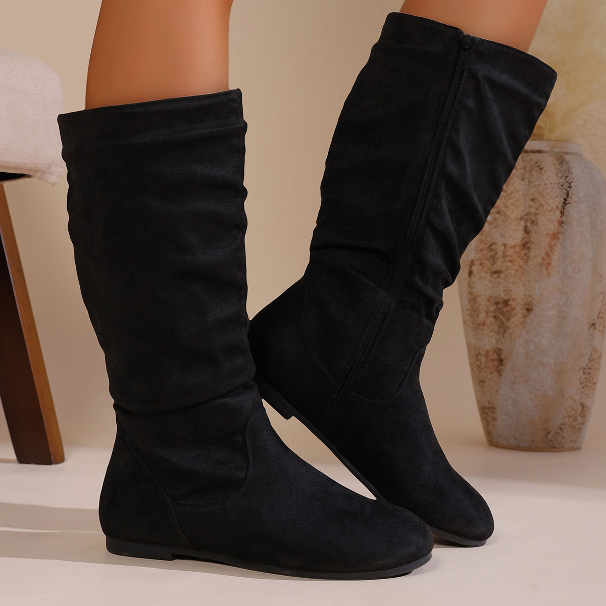 Suede Large Size Retro Side Zipper Round Toe Pile Boots for Women 2025 ...