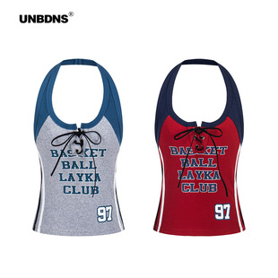 UNBDNS美式挂脖辣妹绑带运动吊带背心女显瘦纯欲甜酷露脐短上衣潮-阿里巴巴