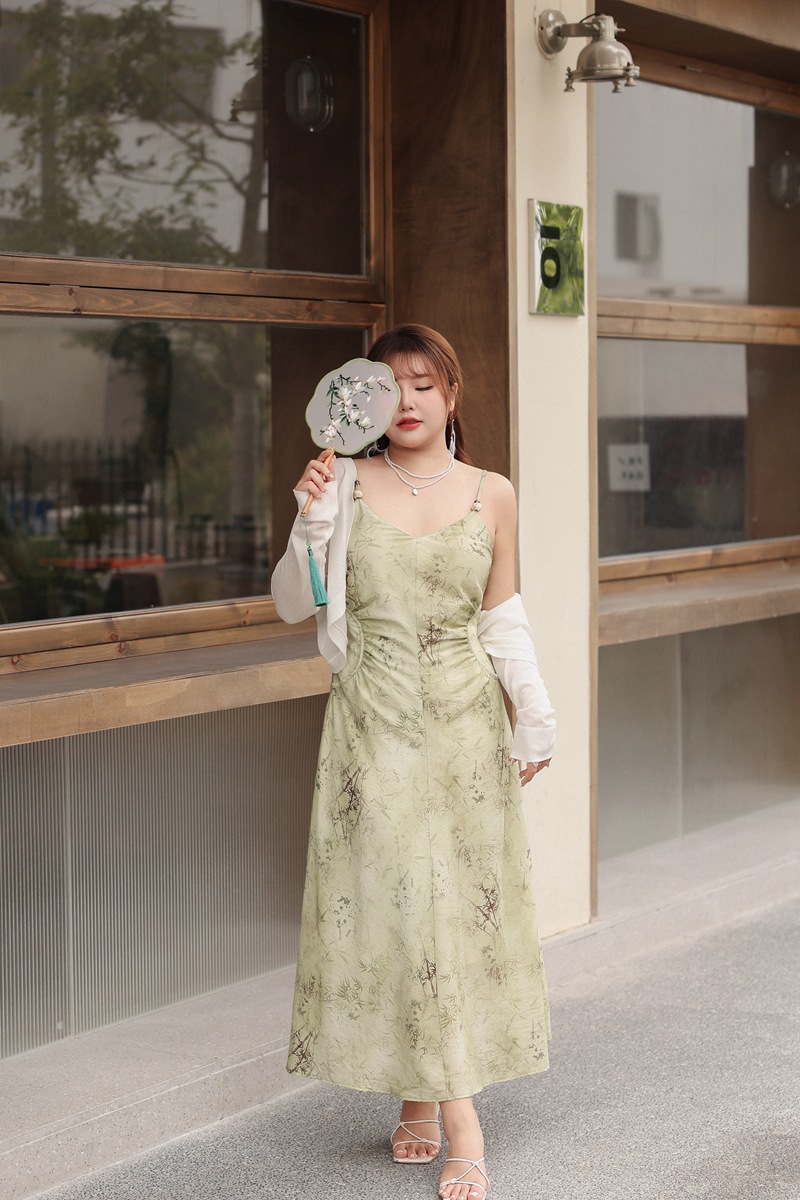 润其N8657翠竹禅意新中式V领串珠吊带裙批发 大码国风吊带连衣裙-阿里巴巴