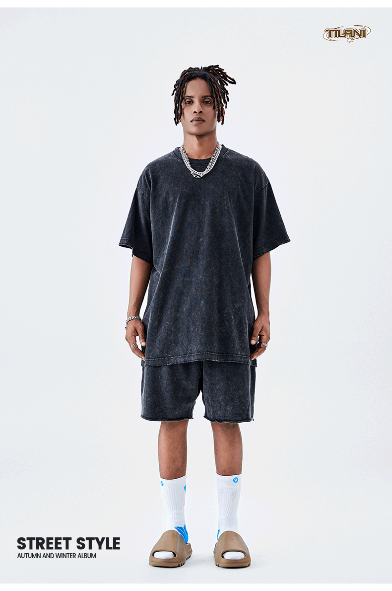 TILANI男装|重磅洗水做旧磨边复古短袖t恤男 oversize基础款洗水-阿里巴巴