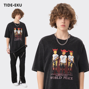 TIDEEKU新款潮牌男装美式复古街潮印花上衣宽松休闲情侣短袖批发-阿里巴巴