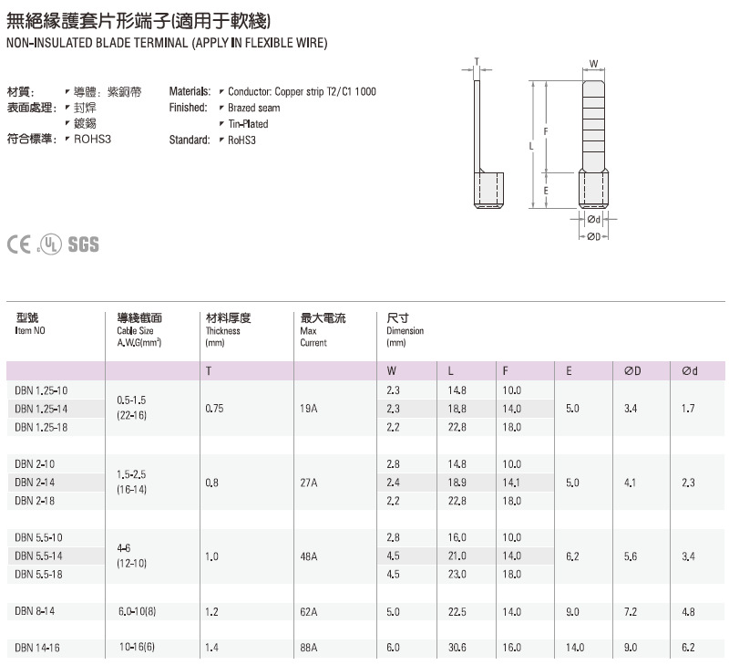 DBN5.5-14片形裸端头 14mm长针型压线端子无绝缘快速连接器接线头-阿里巴巴