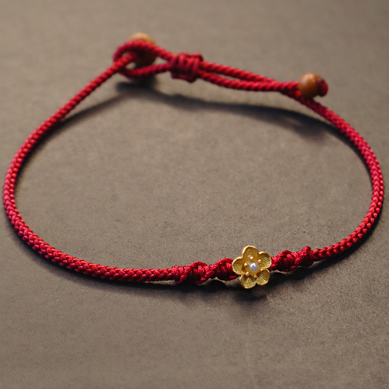 S925银手链女红绳手绳手工编织小花圆满配饰品可调节手饰品批发-阿里巴巴