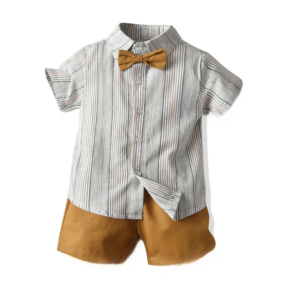 New Korean summer handsome boy Short Sleeve Striped Shirt Shorts foreign style suspender pants ...