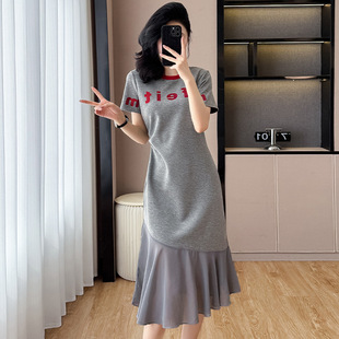 2025年夏季重工烫钻褶皱大码显瘦雪纺拼接鱼尾气质外贸圆领连衣裙-阿里巴巴