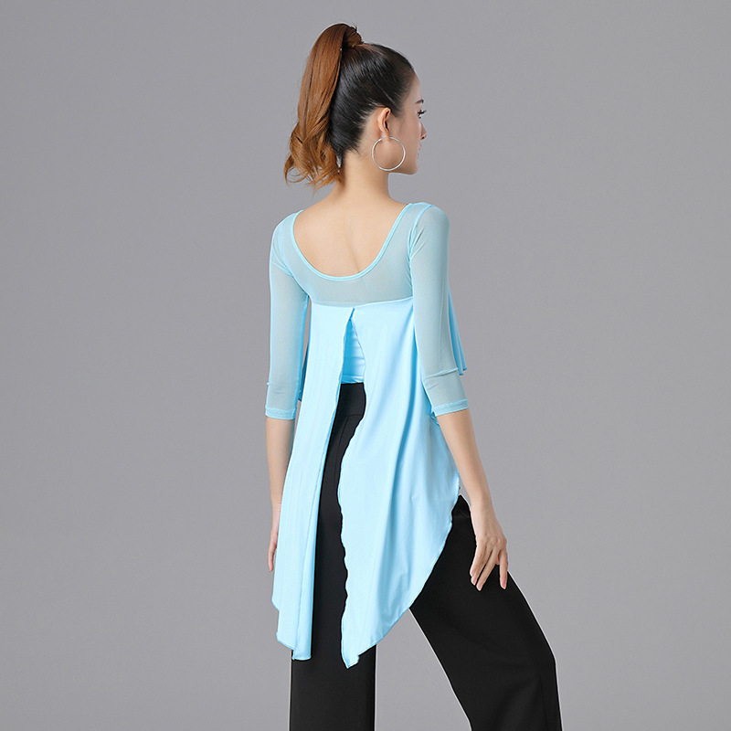 Light blue black ballroom latin dance tops for women modern tuxedo long ...