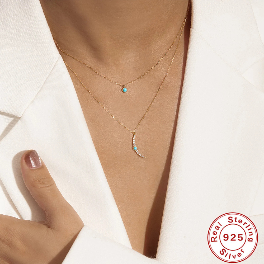 S925纯银欧美跨境畅销INS风绿松石锁骨链几何月亮吊坠项链-阿里巴巴