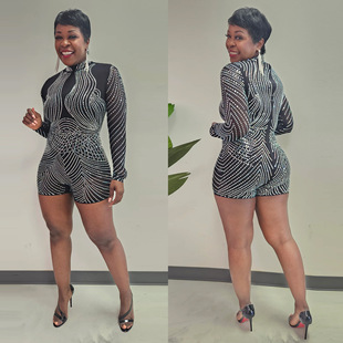 K2923欧美性感 修身烫钻透视弹力连体裤-阿里巴巴