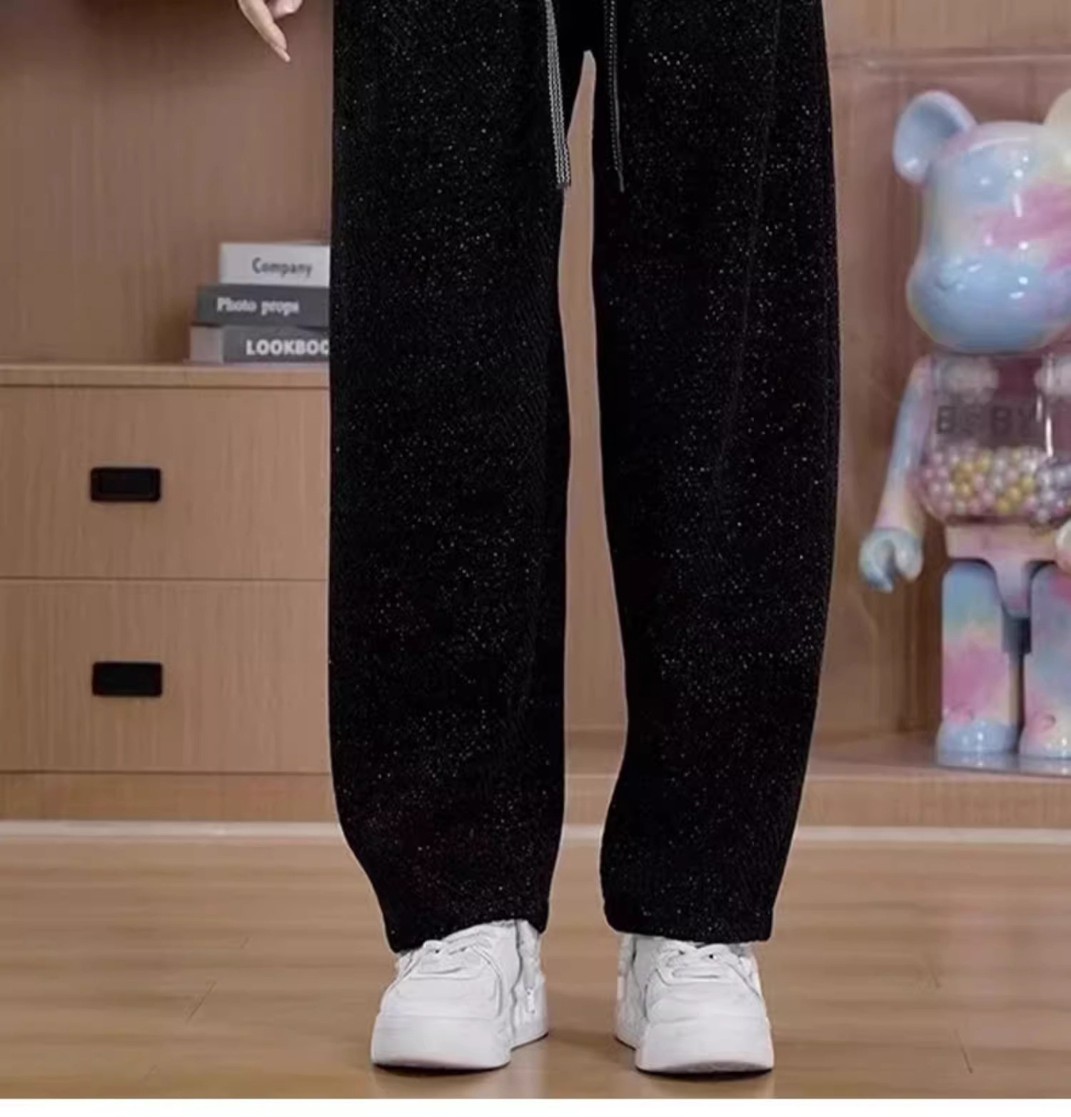 男士慵懒宽松直筒休闲长裤男2025春季新款雪尼尔银丝针织运动卫裤-阿里巴巴