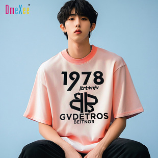 夏季230g纯棉休闲上衣原宿风粉色男士短袖圆领t恤男印花修身男装-阿里巴巴