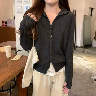 宽松时尚纯色毛衣外套女简约百搭韩版拉链休闲双新款针织开衫秋冬-阿里巴巴