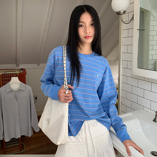 衣夫 Fu圆领宽松条纹长袖t恤2025秋新款简约撞色基础款上衣3758-阿里巴巴