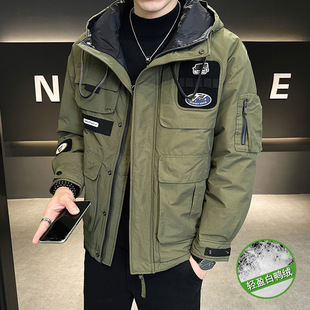 梵沃FW8445 2023年冬男微宽松工装星球标连帽羽绒服免烫青春流行-阿里巴巴