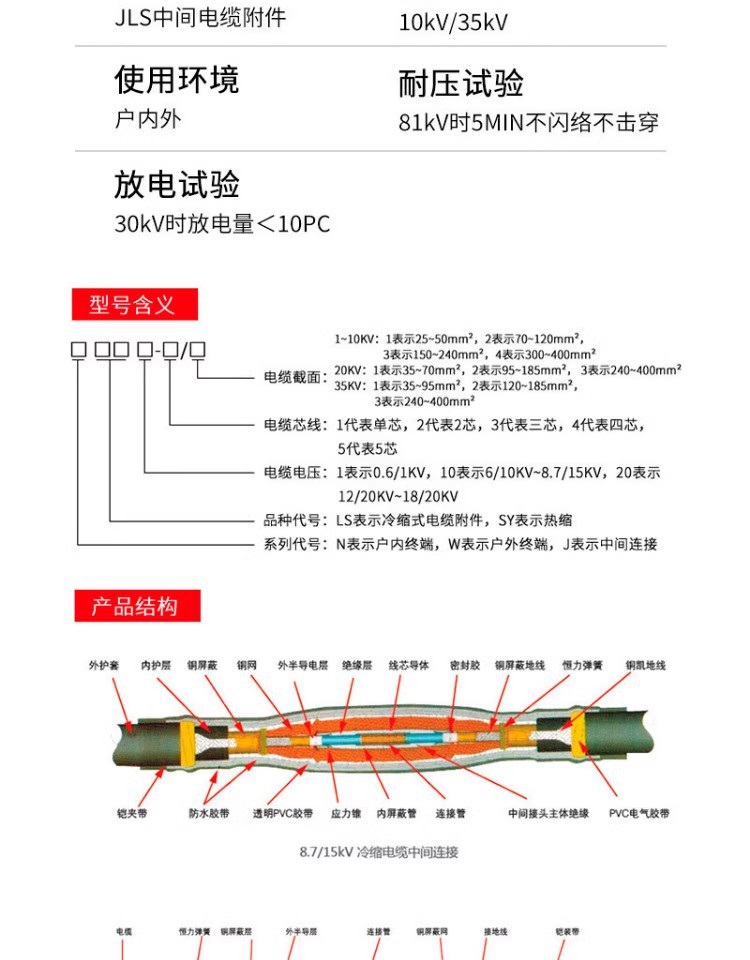 飓兴 10kv-35kv高压冷缩电缆中间接头JLS-10/35单芯三芯电缆附件-阿里巴巴