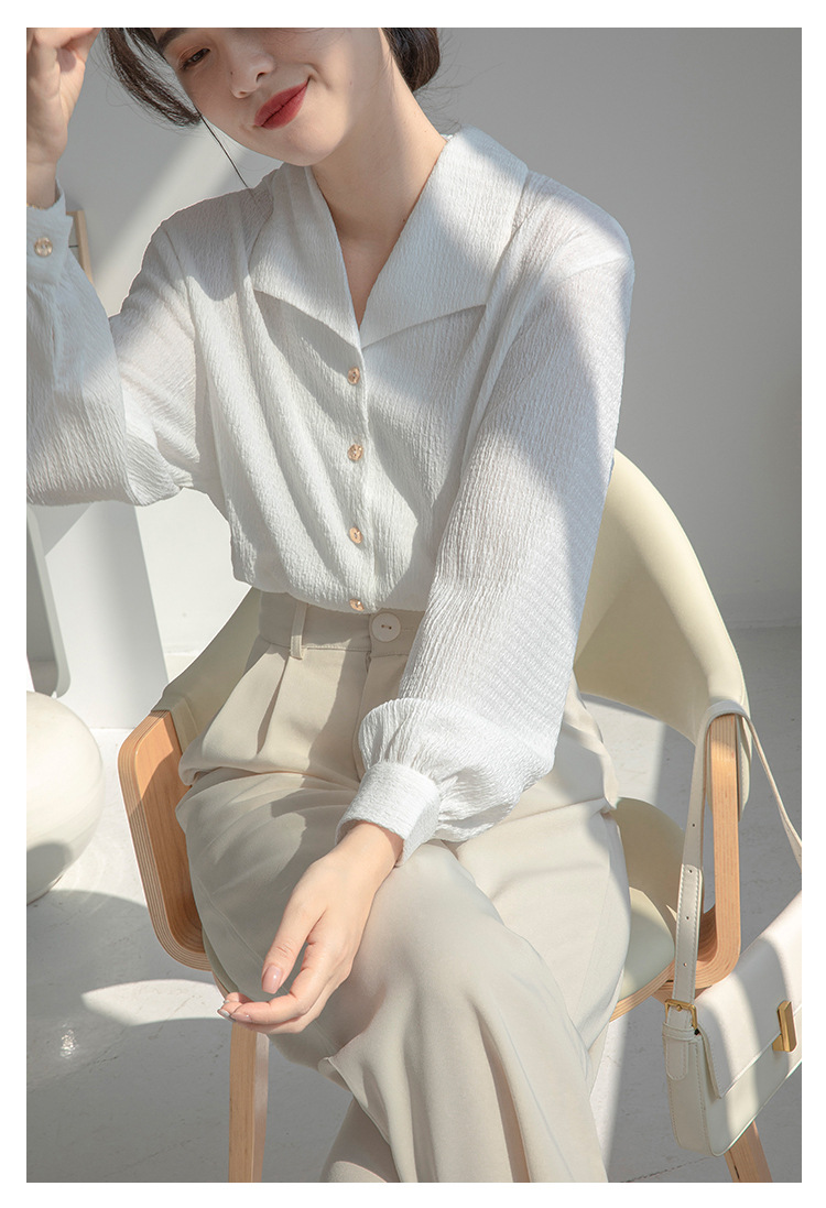 春秋季新款法式纹理肌翻领衬衫女长袖韩版宽松休闲设计感小众衬衣-阿里巴巴