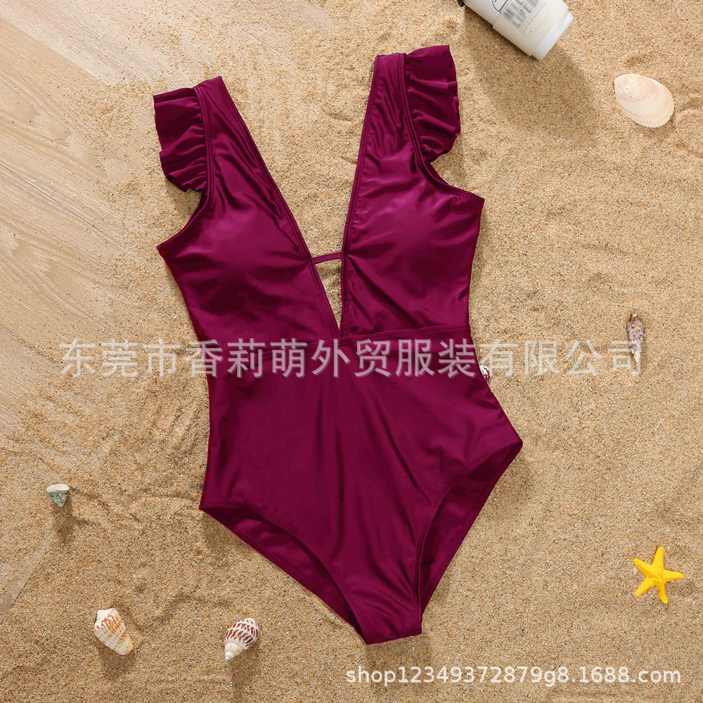 2022 cross border new parent-child outdoor swimsuit V-neck wine red ...