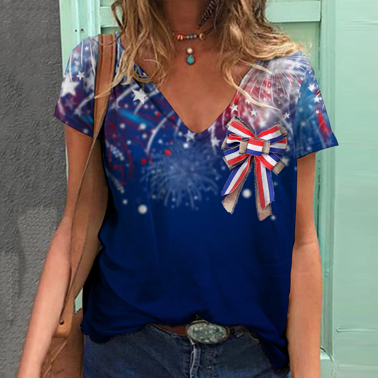 2024跨境新款亚马逊夏季美国独立日3d印花女装短袖V领T恤-阿里巴巴