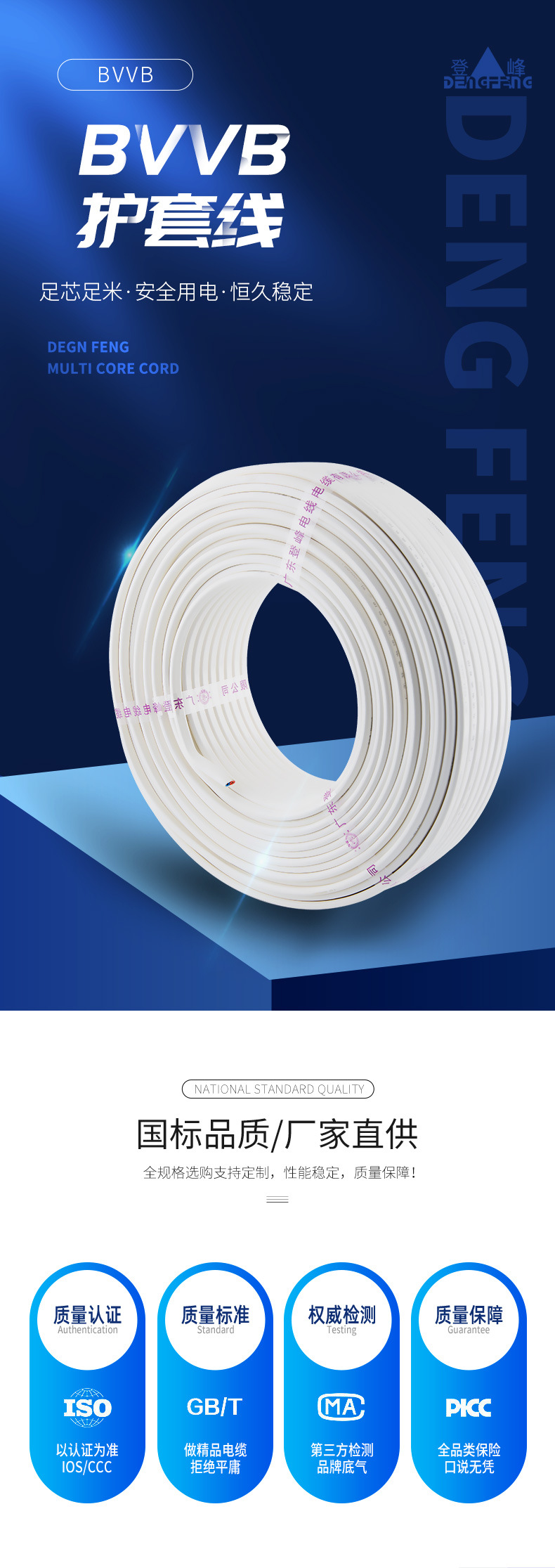 登峰国标BVVB 0.75/1/1.5/2.5/4/6/10平方多股电线 扁护套平行线-阿里巴巴