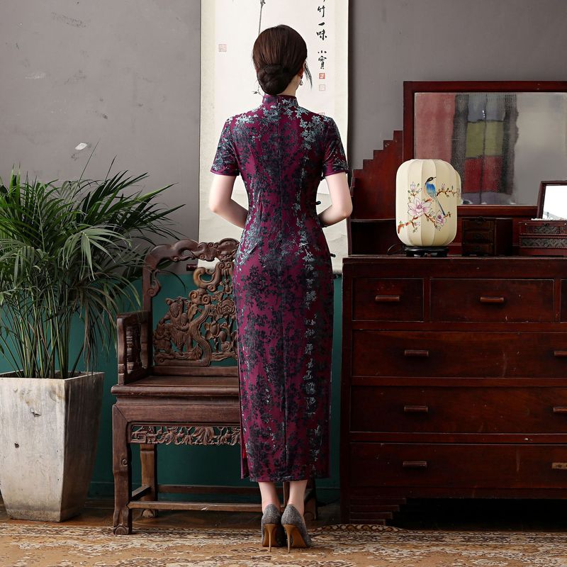 Purple velvet flowers chinese dresses retro oriental cheongsam dress ...