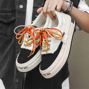 AFANTING港风小众休闲板鞋男潮流流苏毛边黑白帆布男女情侣鞋258-阿里巴巴