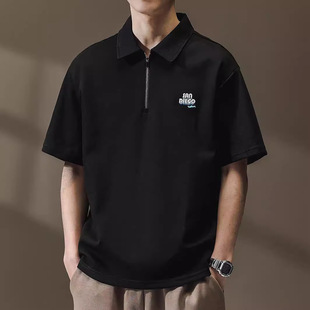 高端夏季260g重磅男士短袖Polo衫翻领半拉链美式复古T恤宽松体恤-阿里巴巴