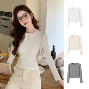 H583早春高级休闲女装t恤女修身打底衫掐腰正肩长袖上衣内搭辣妹-阿里巴巴