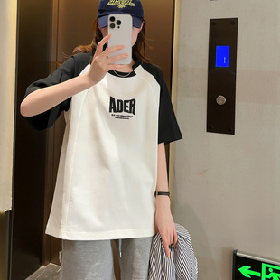 ADERT恤夏季新款拼色短袖女韩版插件袖宽松休闲字母男女款棉半袖-阿里巴巴