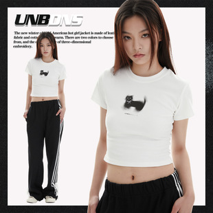 UNBDNS 美式辣妹印花猫咪短袖T恤女夏季修身百搭显瘦短袖短上衣-阿里巴巴