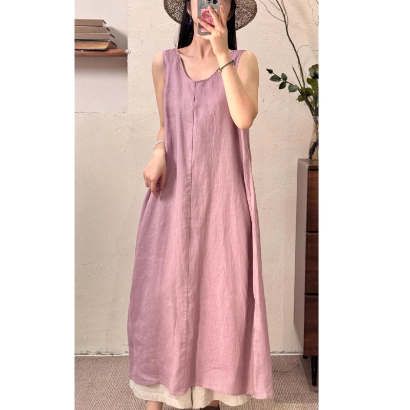 官图2025新款夏季气质百搭休闲棉麻简约纯色文艺风无袖中长连衣裙-阿里巴巴