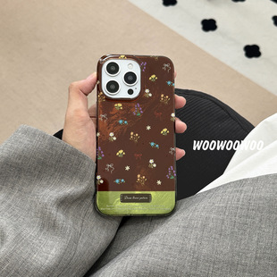WOOWOOWOO小众秋冬复古棕色花朵双层锡纸纹适用苹果16手机壳iphon-阿里巴巴