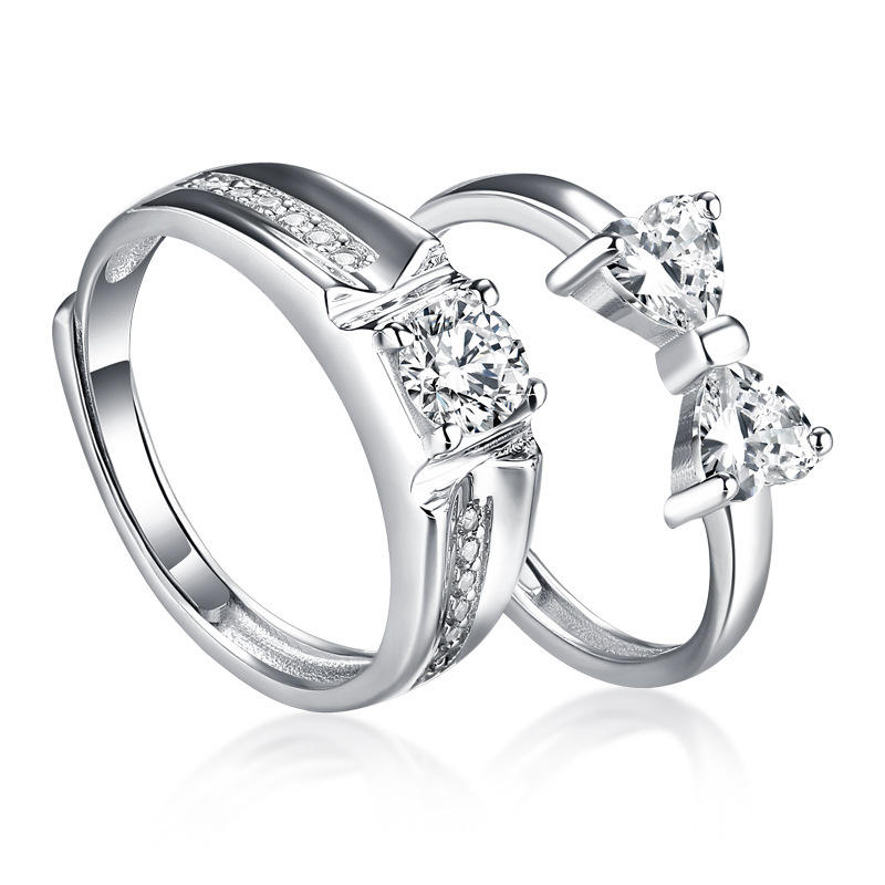 跨境个性s925银蝴蝶结心形戒指女ins镶钻情侣对戒一对活口钻戒-阿里巴巴