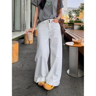 黄峥双纽扣高腰口袋装饰阔腿直牛仔裤女2025夏款简约时尚裤520316-阿里巴巴