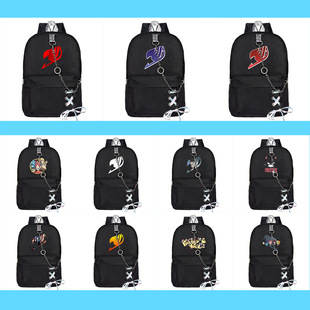 Fairy Tail 妖精的尾巴书包时尚卡通黑色链条双肩包简约飘带背包-阿里巴巴