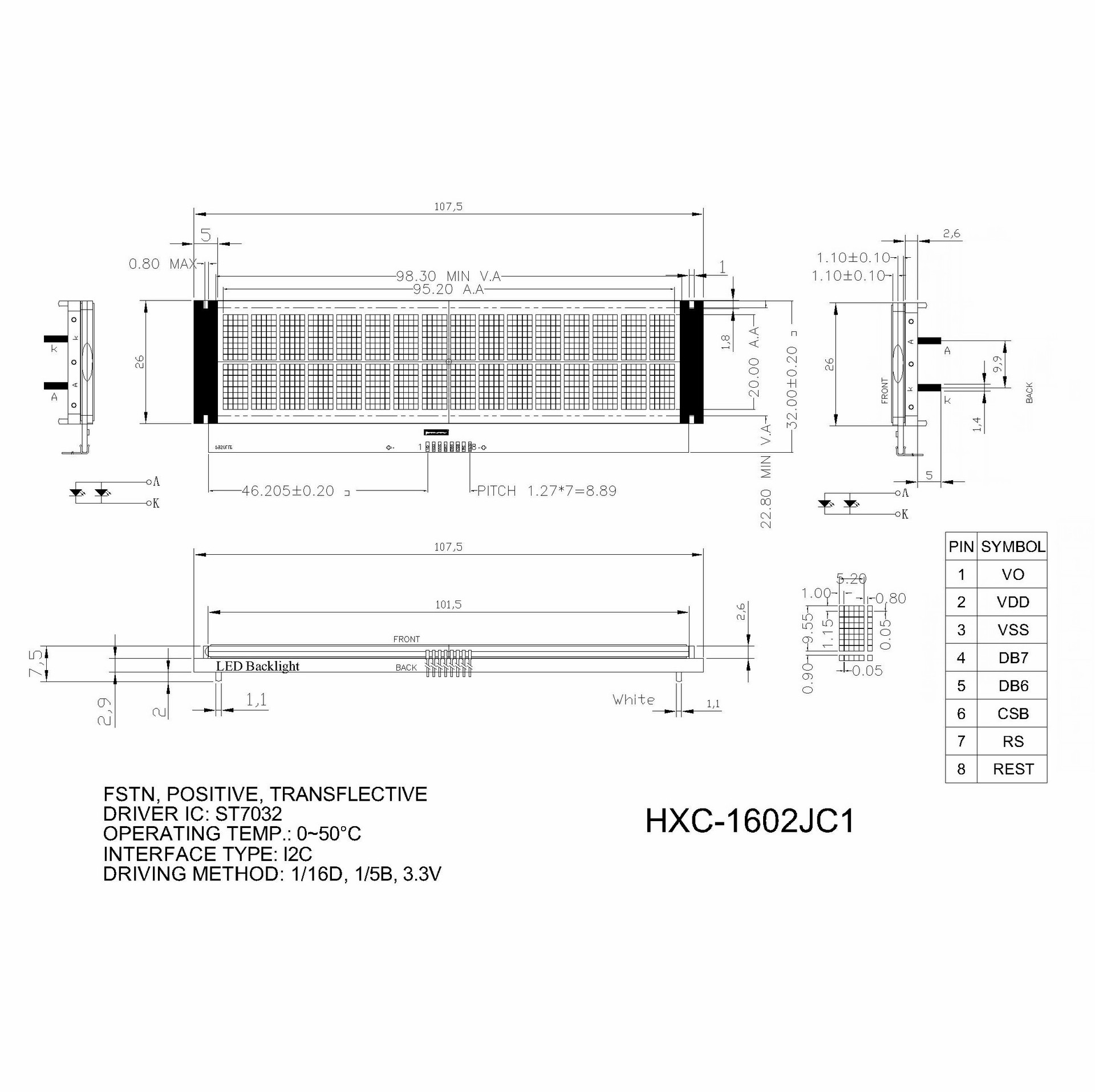 16x2字符点阵ST7032芯片FSTN正性白色背光I2C接口COG液晶显示模块-阿里巴巴