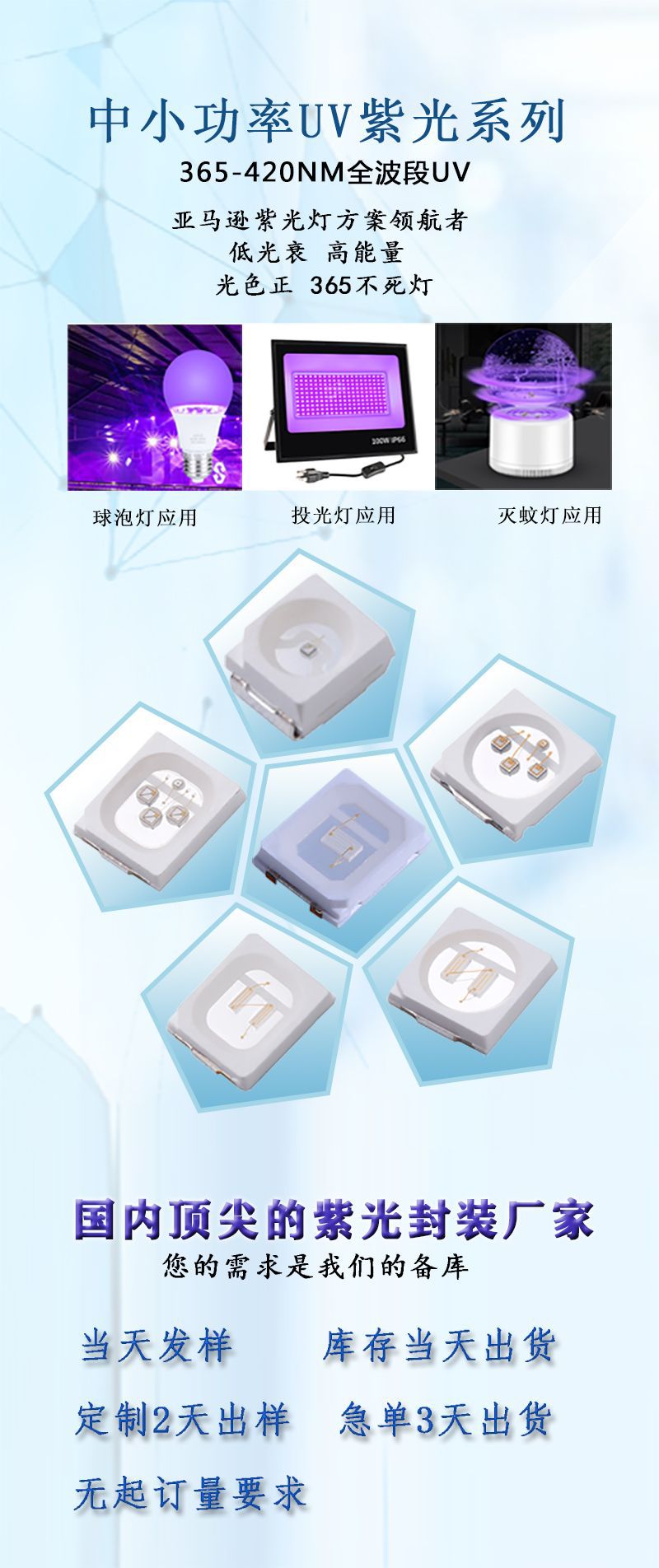 3030现货1W紫光LED灯珠365nm至420nm全光谱诱蚊固化美容球头灯珠-阿里巴巴