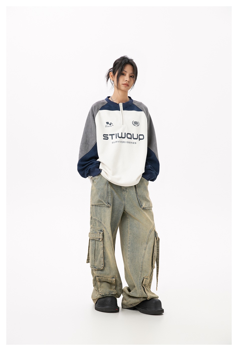 STIWAUP复古运动校园风套头宽松圆领卫衣男女麂皮绒拼色外套W639-阿里巴巴