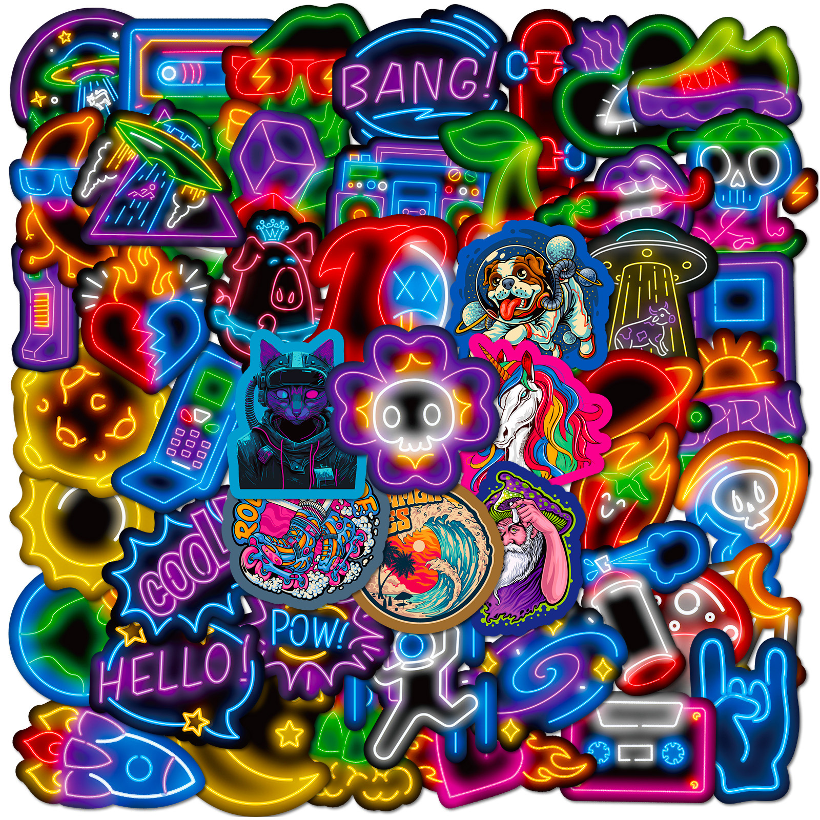 50张火箭霓虹炫酷贴纸跨境霓虹灯潮牌贴纸行李箱水杯摩托车贴画-阿里巴巴