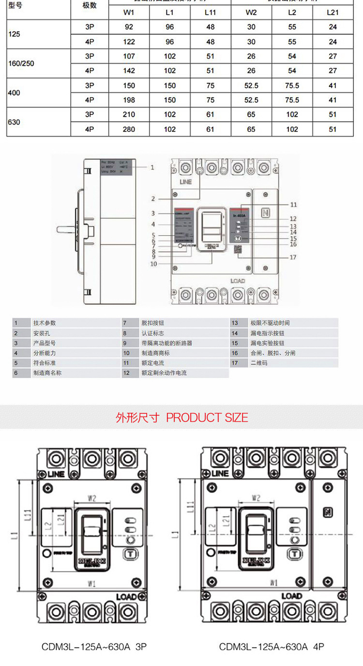 德力西CDM3L-125C/4300塑壳断路器100A 125A三相四线4P带漏电保护-阿里巴巴