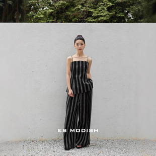 ES MODISH夏季新品高级感条纹法式收腰显瘦休闲通勤吊带+裤子套装-阿里巴巴