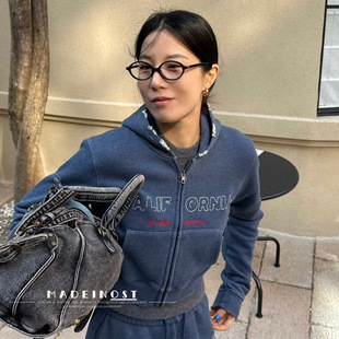 MADEINOST冬季美式复古风刺绣纯棉卫衣女连帽外套短款显瘦高级感-阿里巴巴