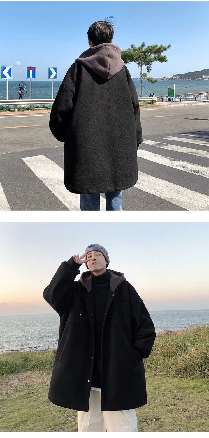 中长款毛呢大衣男秋装高级感连帽呢子风衣加厚潮牌情侣宽松外套-阿里巴巴