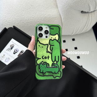 WOOWOOWOO小众ins绿色可爱线条猫咪手机壳折叠支架适用苹果15ip16-阿里巴巴