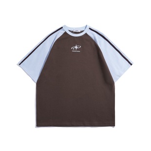 UNINHIBITEDNESS美式复古发泡印花撞色织带拼接插肩短袖T圆领上衣-阿里巴巴