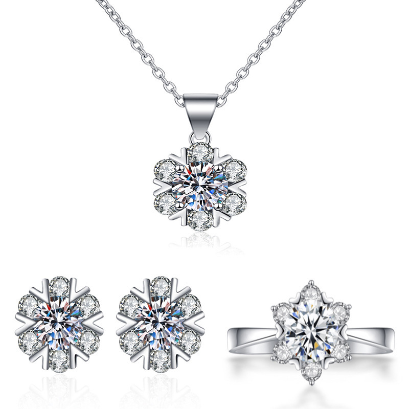 抖音直播莫桑石雪花耳环戒指项链套装组合 网红时尚热卖求婚女款-阿里巴巴