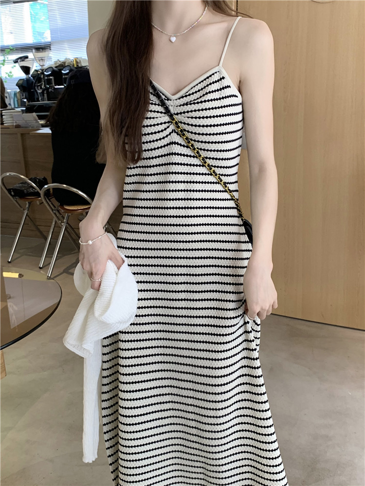 Contrast Color Striped Knitted Sling Dress Women's Spring and Summer ...